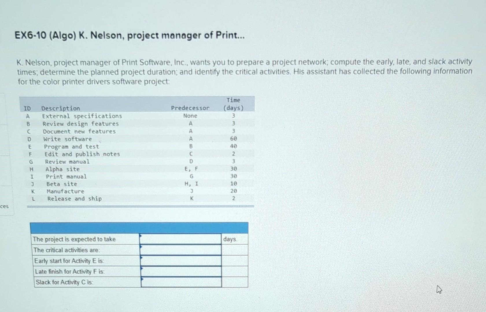 Solved EX6-10 (Algo) K. Nelson, project manager of Print... | Chegg.com