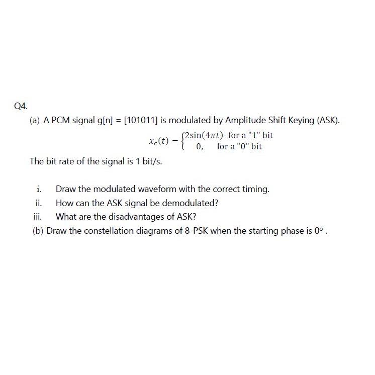 Solved Q4.(a) ﻿A PCM signal g[n] = [101011] ﻿is modulated by | Chegg.com