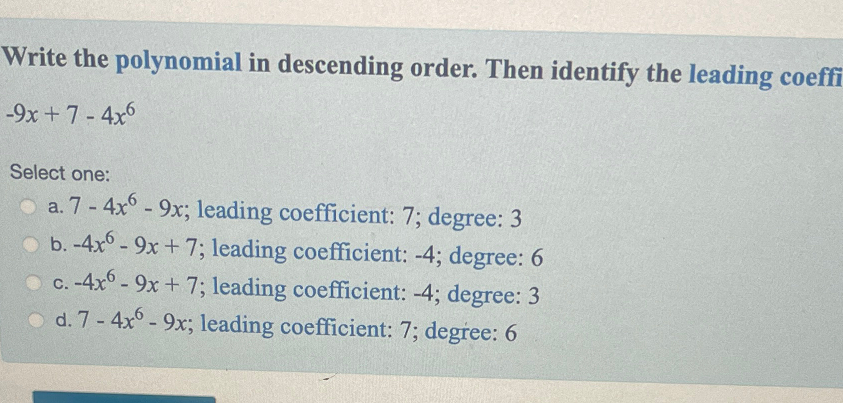 Solved Write the polynomial in descending order. Then | Chegg.com