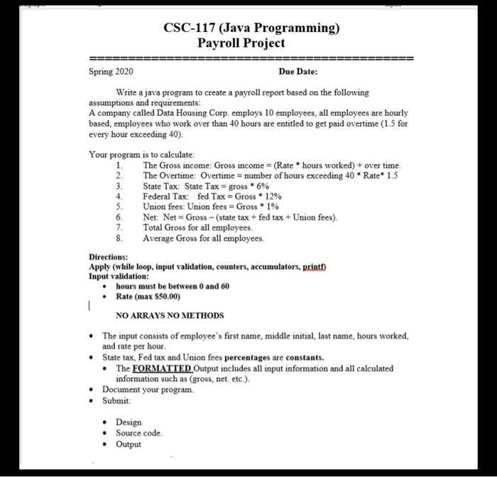 Solved CSC-117 (Java Programming) Payroll Project | Chegg.com