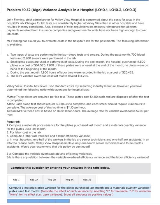 Solved Problem 10-12 (Algo) Variance Analysis in a Hospital | Chegg.com