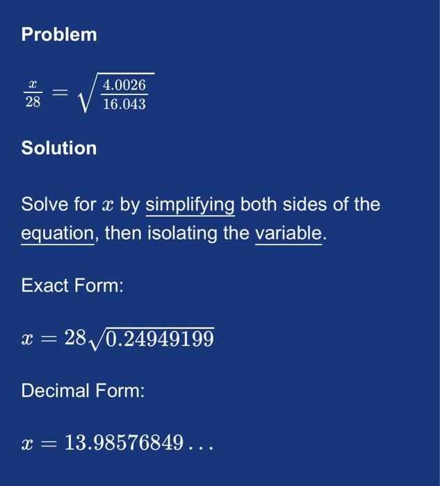 Solved Problem 28x=16.0434.0026 Solution Solve for x by | Chegg.com