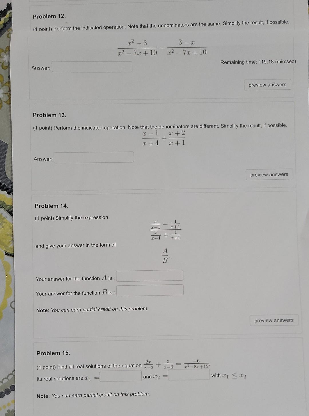 Solved Problem 12. (1 point) Perform the indicated | Chegg.com