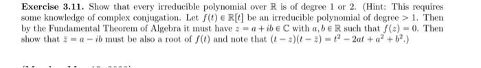 Solved Exercise 3.11. Show that every irreducible polynomial | Chegg.com