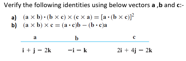 Solved Verify the following identities using below vectors | Chegg.com