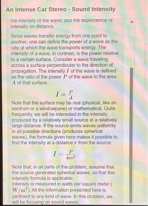 An Intense Car Stereo - Sound Intensity the intensity | Chegg.com