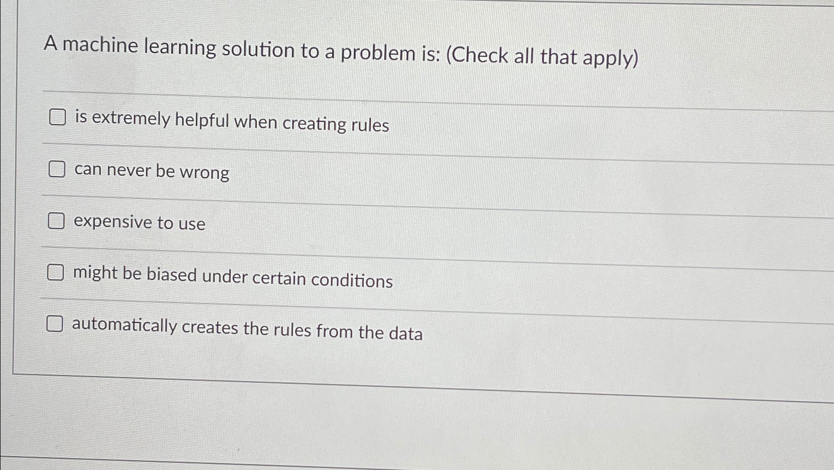 Solved A machine learning solution to a problem is: (Check | Chegg.com