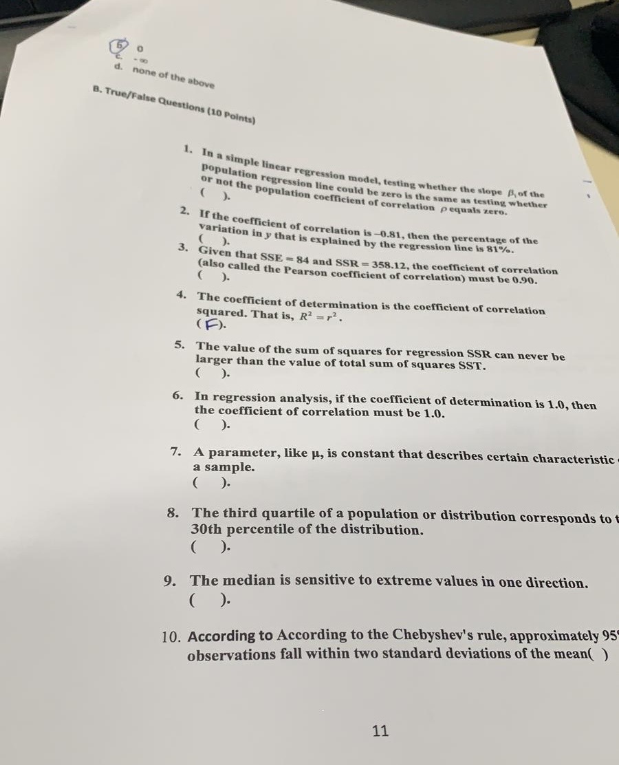 Solved Part 1 True False Questions 10 points Total 1
