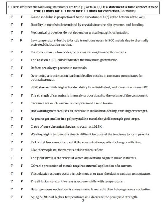 Solved 1. Circle whether the following statements are true | Chegg.com
