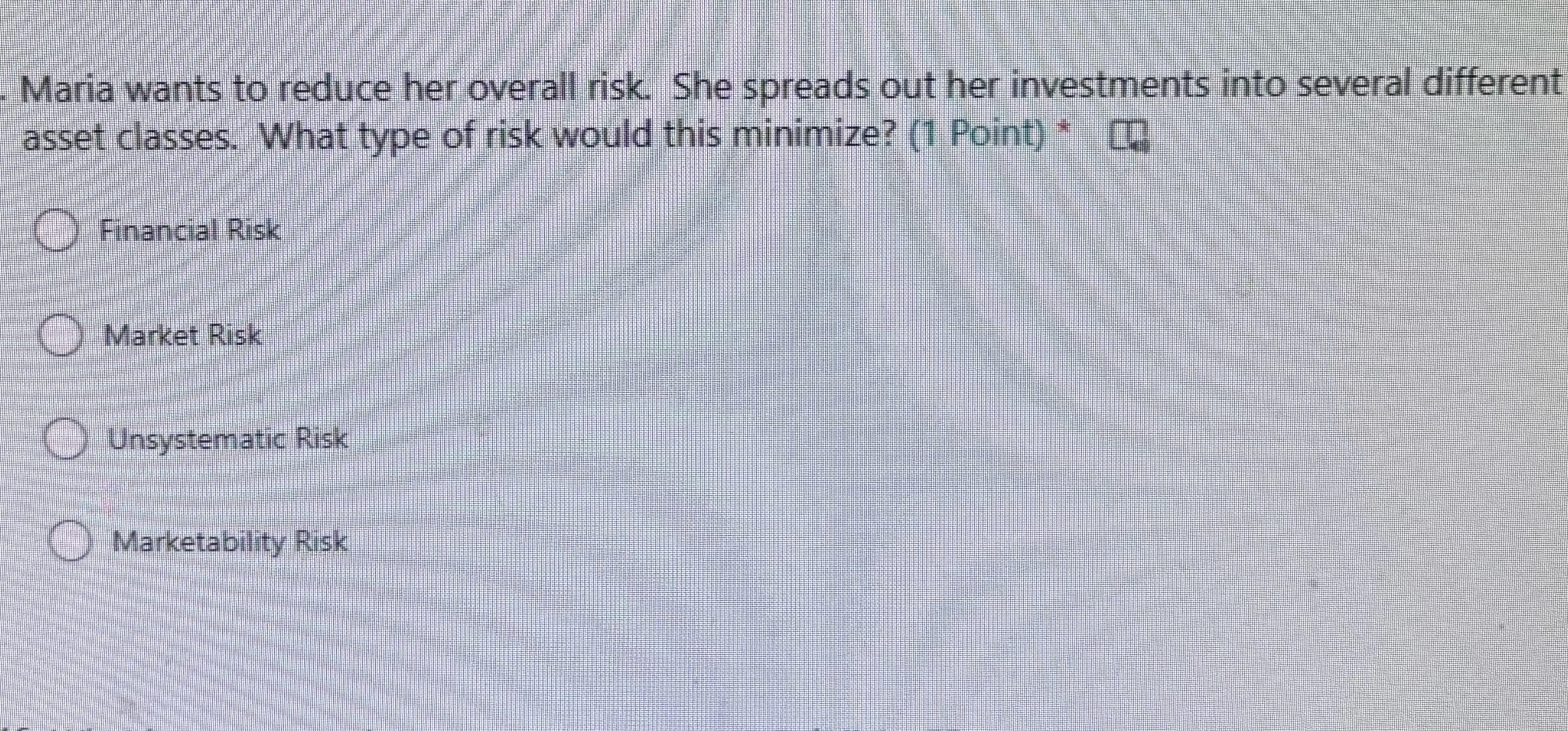 Solved Maria wants to reduce her overall risk. She spreads | Chegg.com