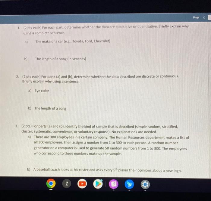 Solved 1. (2 pts each) For each part, determine whether the | Chegg.com