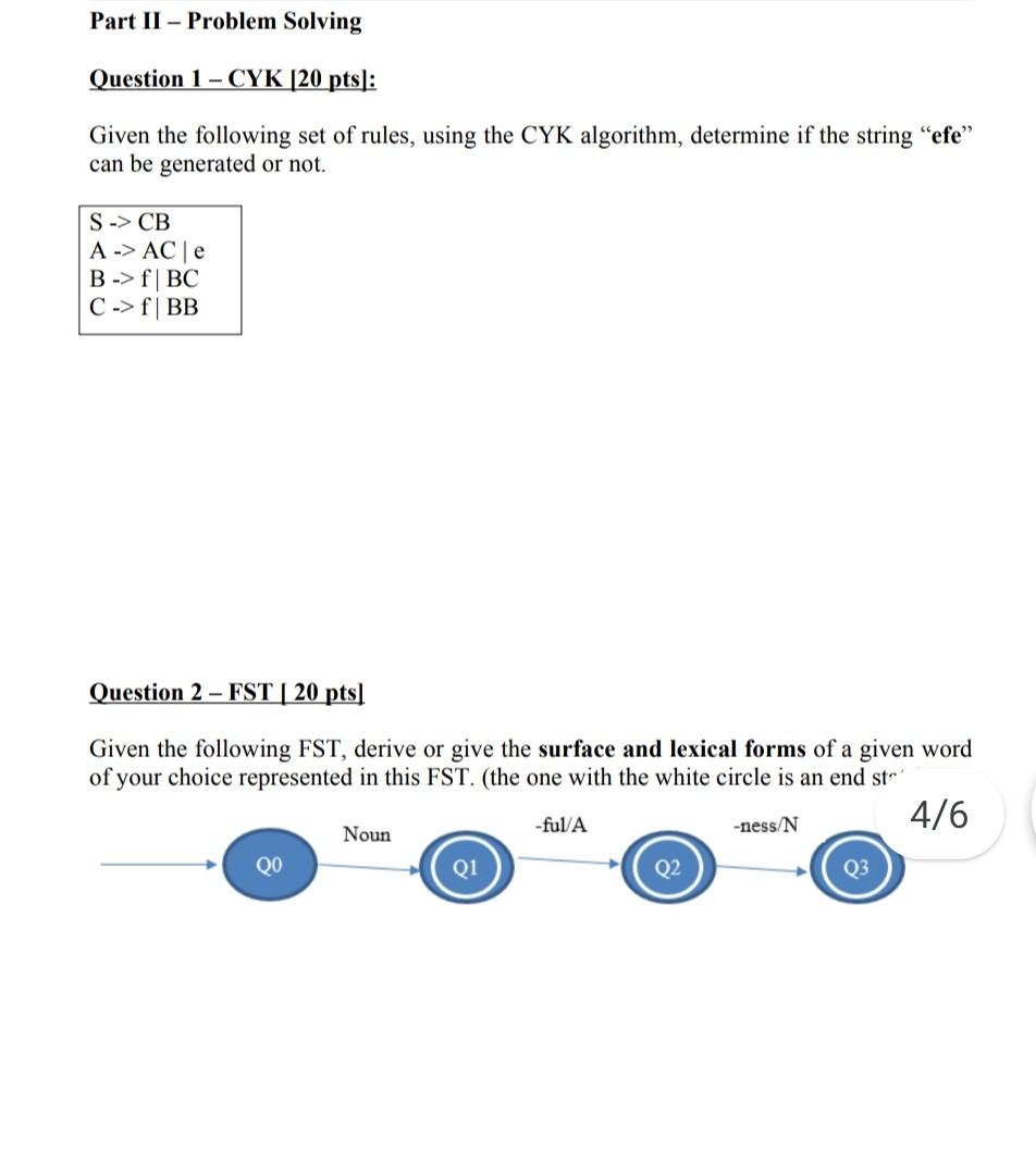Solved Part II - Problem Solving Question 1 - CYK (20 pts): | Chegg.com