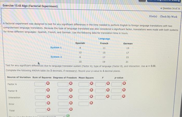 Solved Exercise 13.43 Algo (Factorial Experiment) • Question | Chegg.com