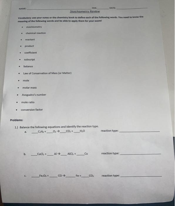 Solved NAME DATE PER Stoichiometry Review Vocabulary use | Chegg.com