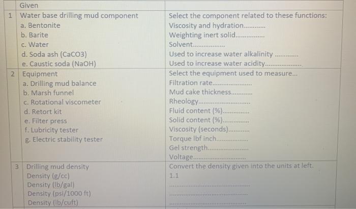 Solved Given 1 Water base drilling mud component a. | Chegg.com