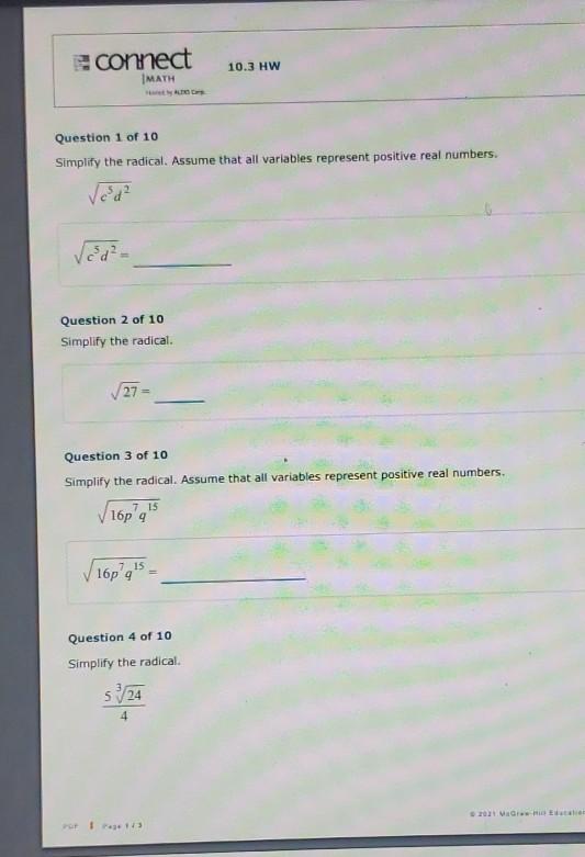 Solved e connect 10.3 HW IMATH Question 1 of 10 Simplify the | Chegg.com