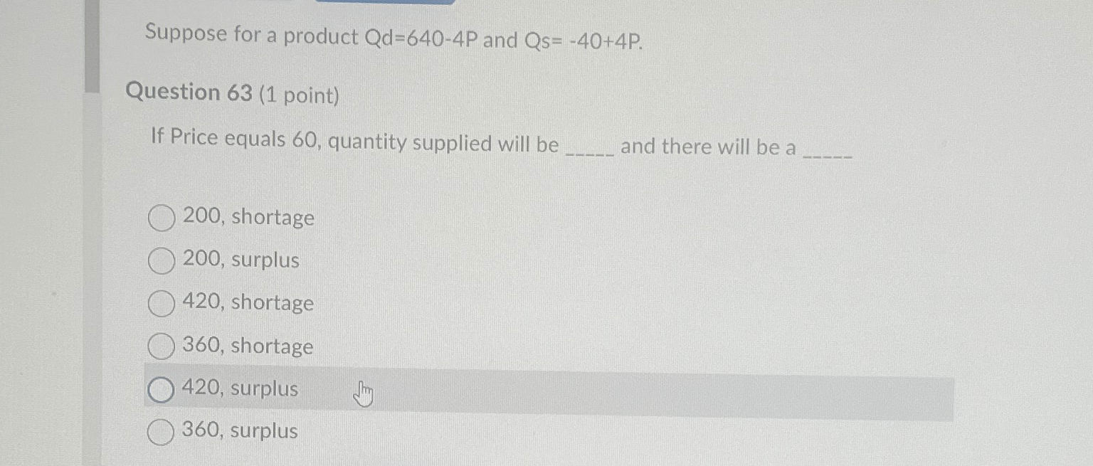 Solved Suppise for a produnt Qd=640-4P and Qs=-40+4PWhat is | Chegg.com