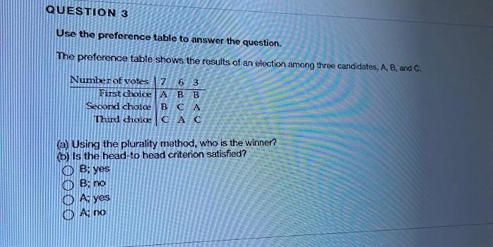 Solved QUESTION 3 Use the preference table to answer the | Chegg.com