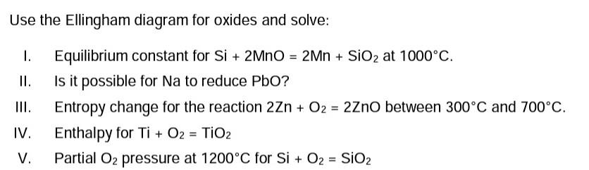 Solved Use the Ellingham diagram for oxides and solve: I. | Chegg.com