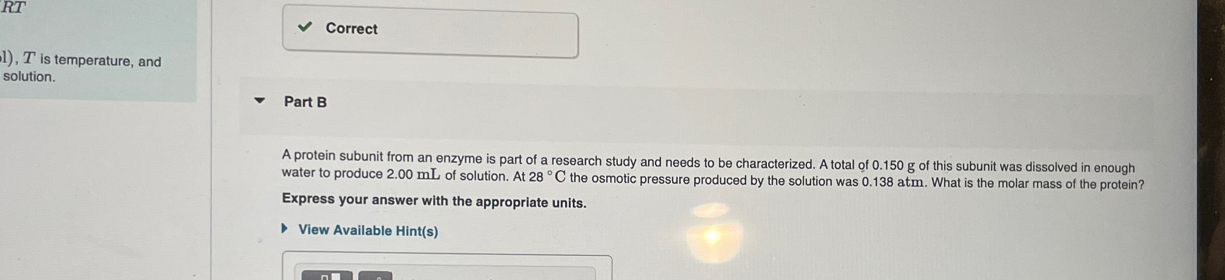 Solved Correct\\n, T is temperature, and solution.\\nPart | Chegg.com