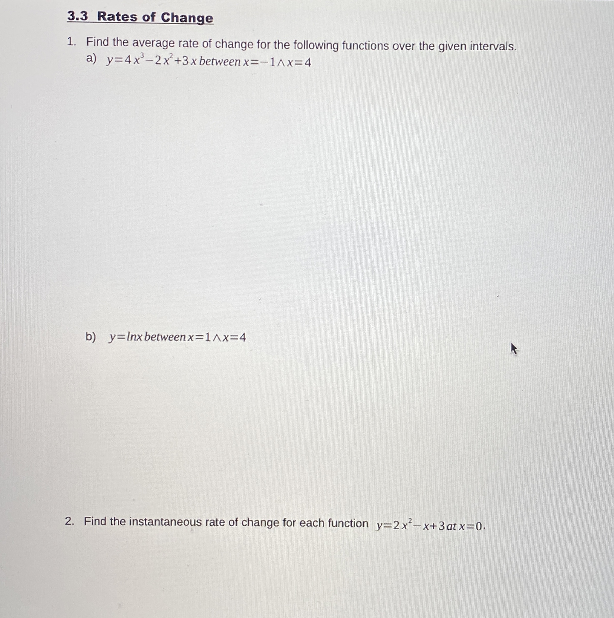 Solved 3.3 ﻿Rates of ChangeFind the average rate of change | Chegg.com