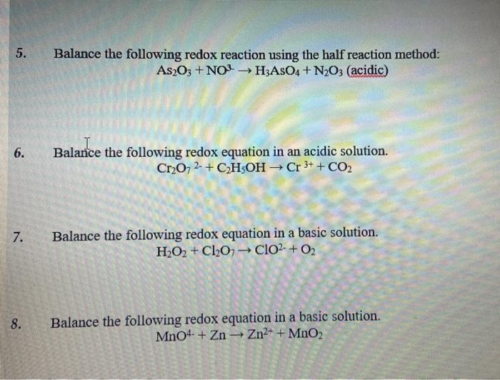 Solved 5. Balance the following redox reaction using the | Chegg.com