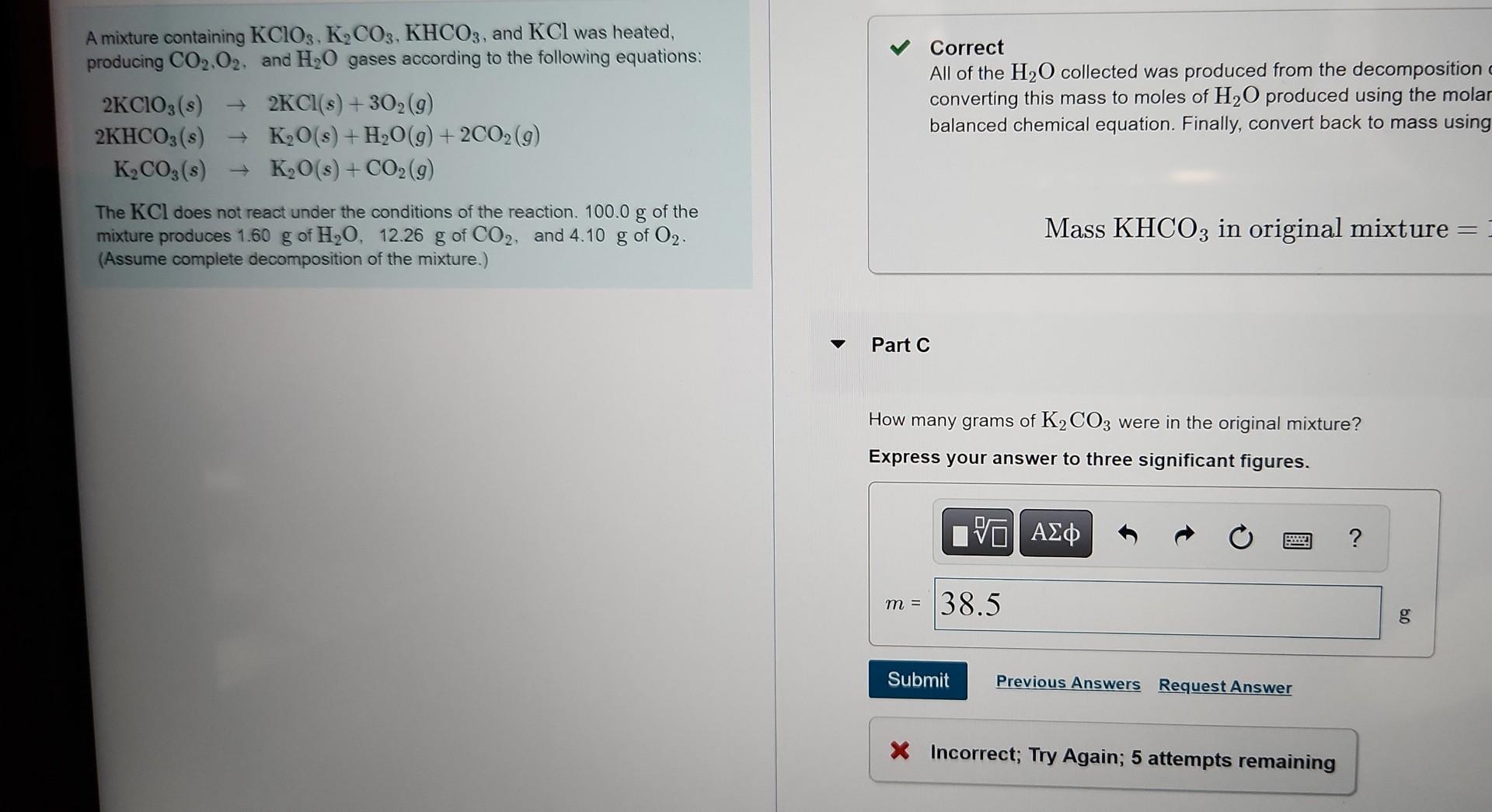 Solved A mixture containing KClO3, K2CO3,KHCO3, and KCl was | Chegg.com