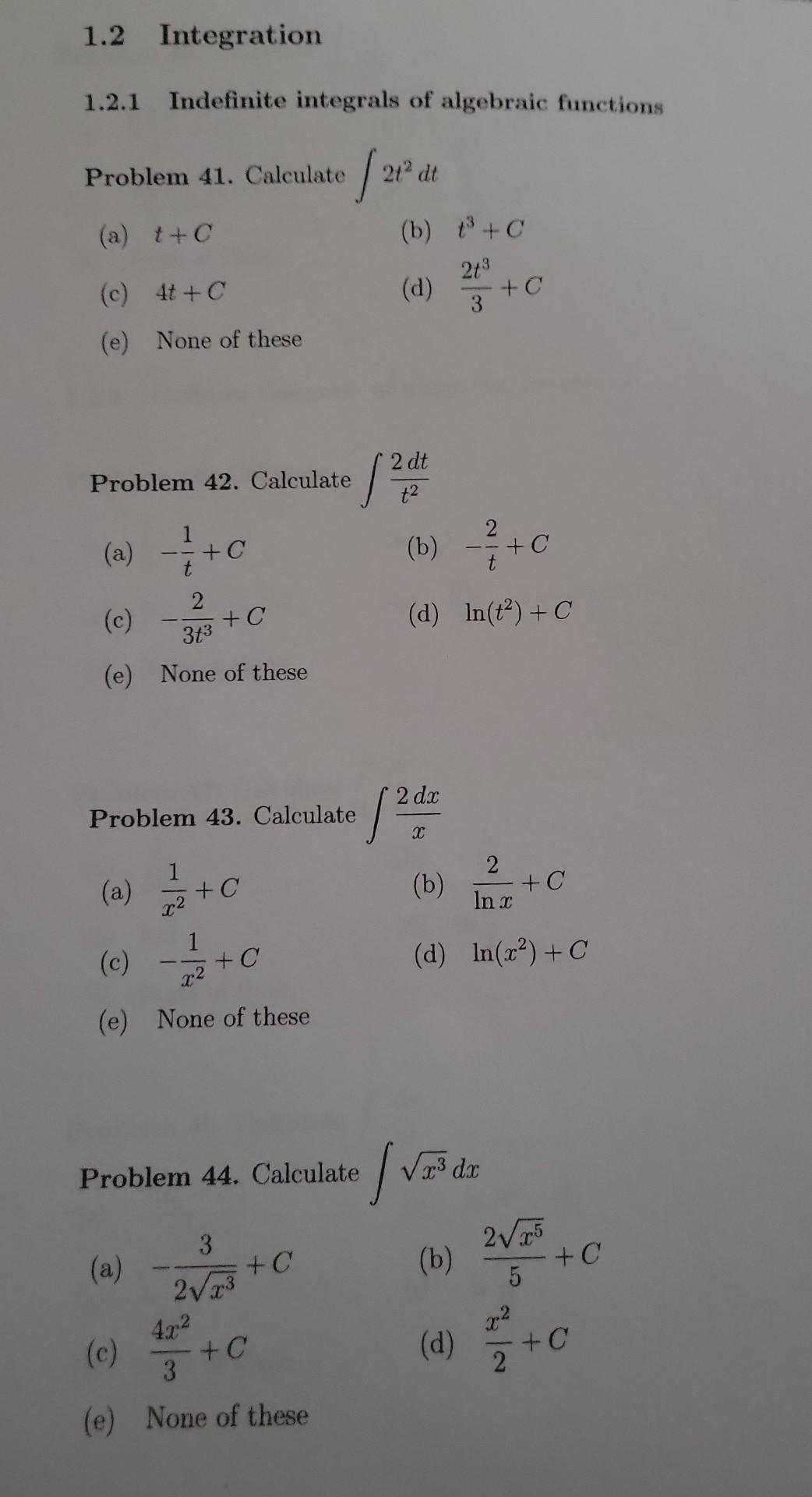Solved 1.2.1 Indefinite integrals of algebraic functions | Chegg.com