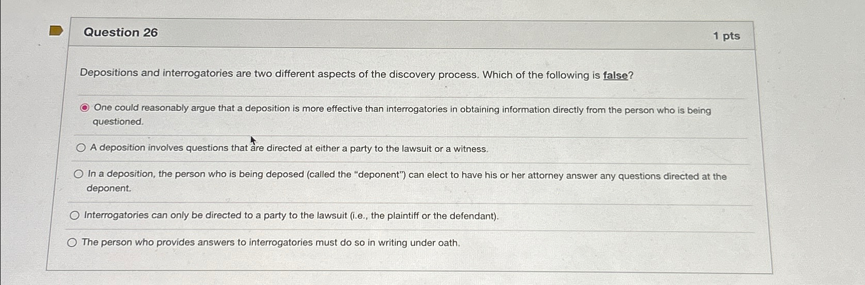 Solved Question 261 ﻿ptsDepositions and interrogatories are | Chegg.com