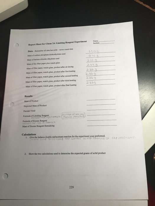 Solved Section Report Sheet for Chem 3A Limiting Reagent | Chegg.com