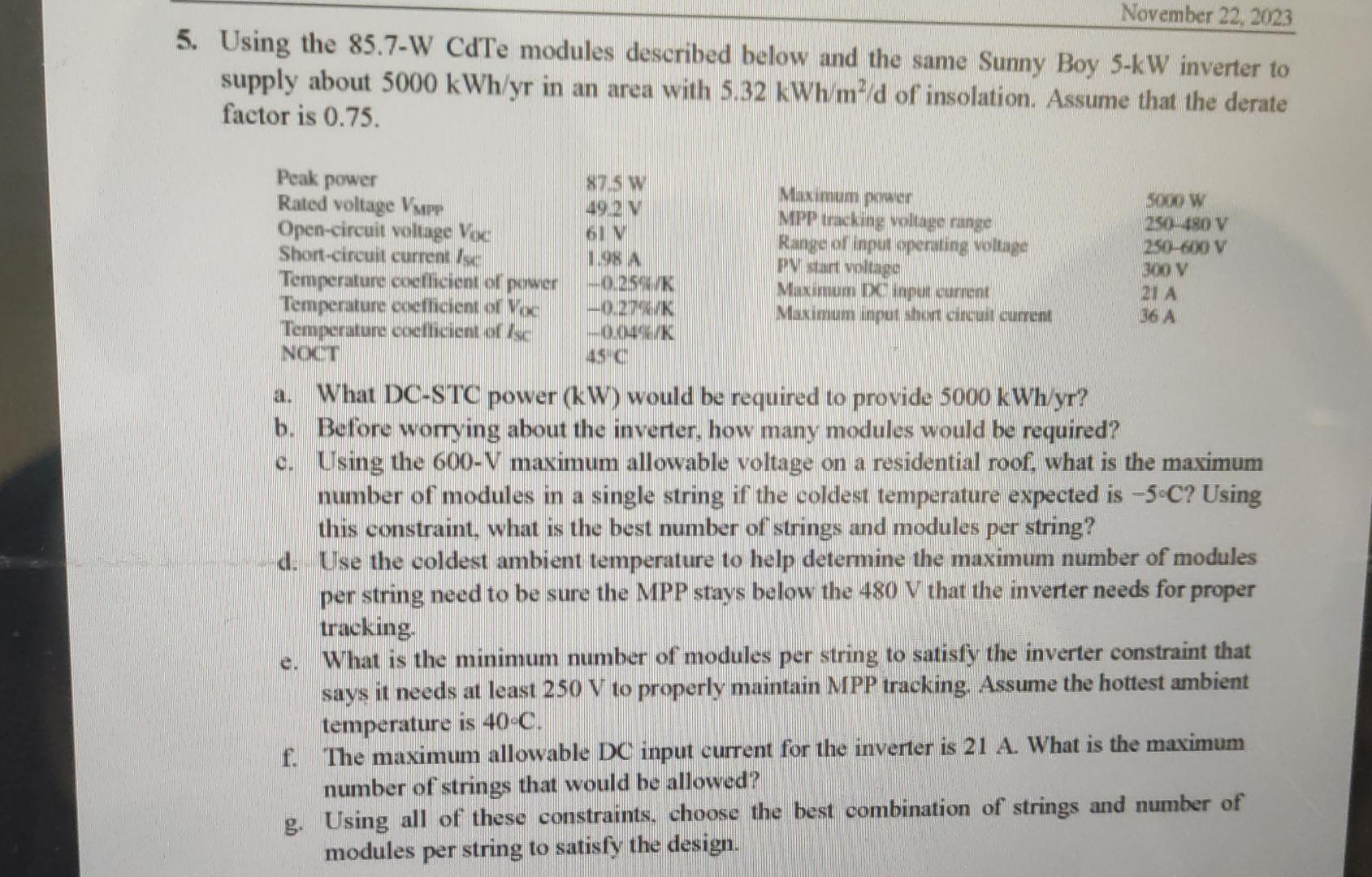 Solved 5. ﻿Using the 85.7-W CdTe modules described below and | Chegg.com