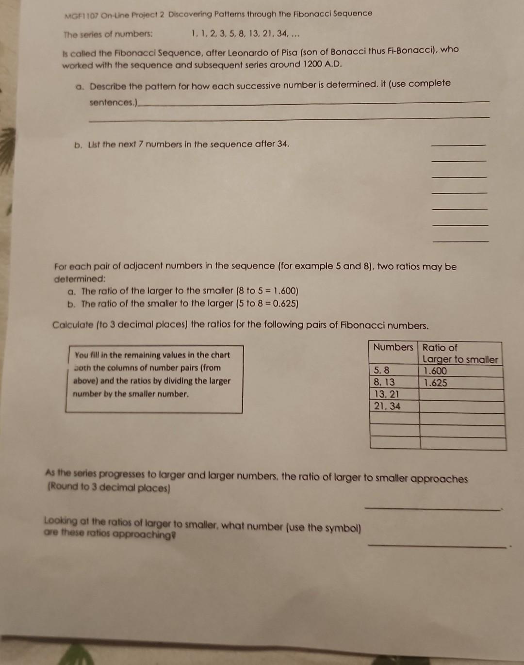 Solved MGF1107 On-Une Project 2 Discovering Patterns through | Chegg.com