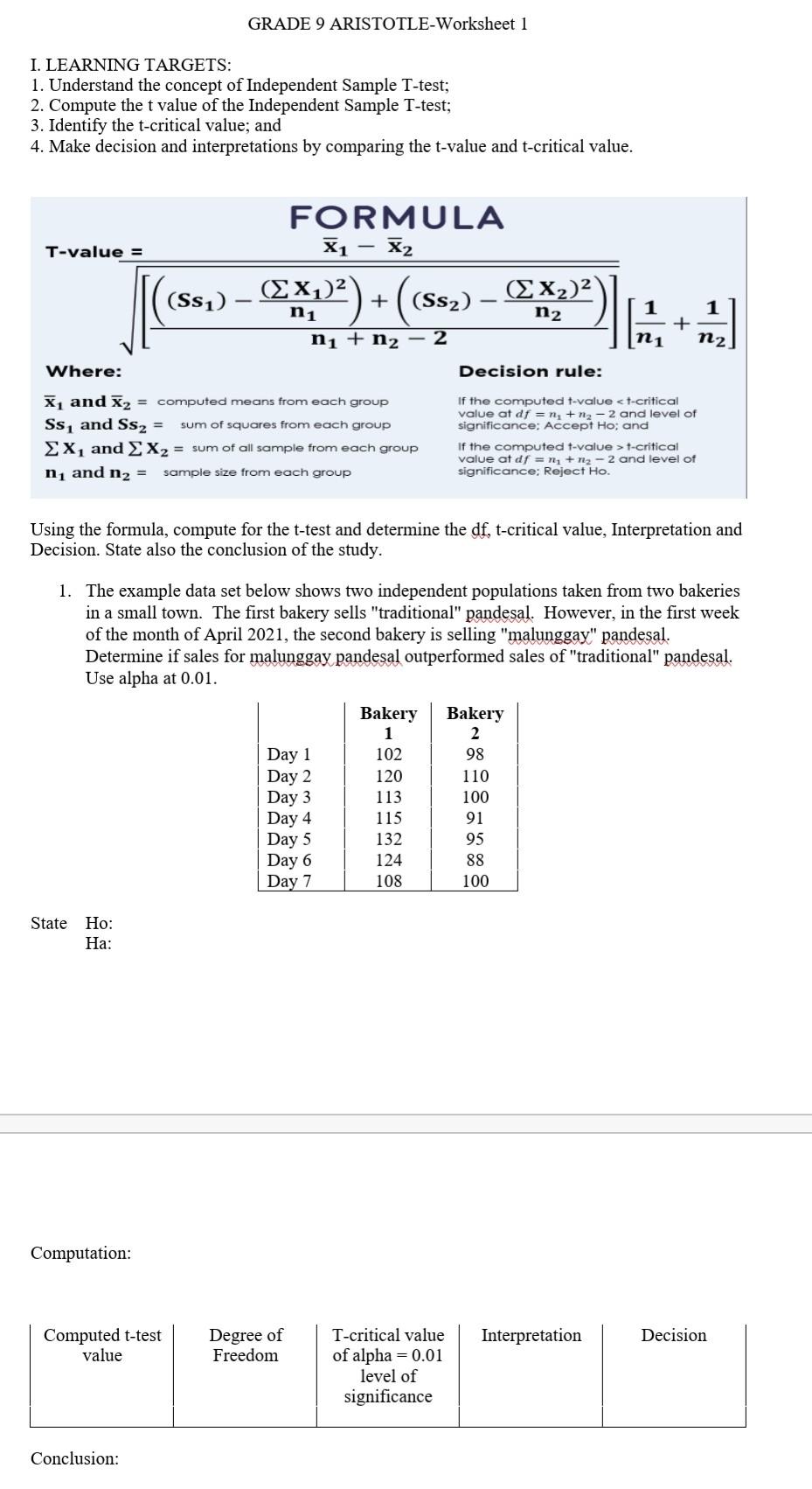Solved GRADE 9 ARISTOTLE-Worksheet 1 I. LEARNING TARGETS: 1. | Chegg.com
