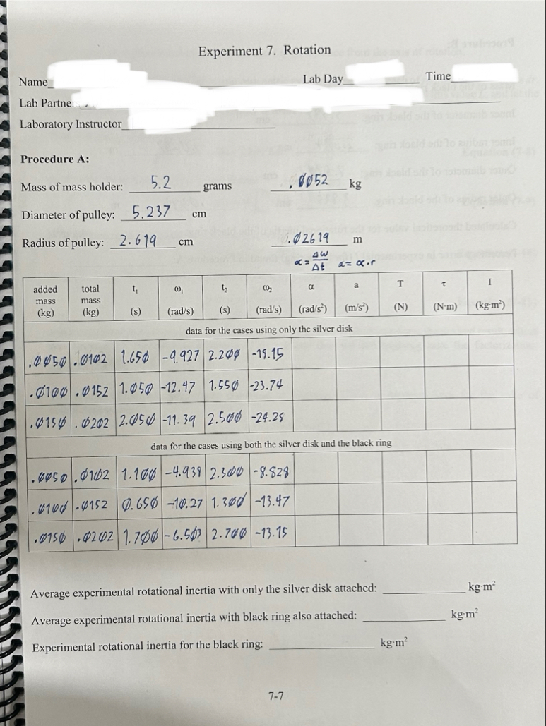 Experiment 7. ﻿RotationName q, ﻿Lab Day q, ﻿TimeLab | Chegg.com