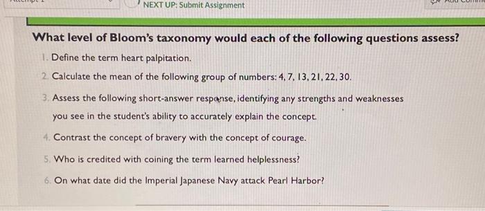 Solved What level of Bloom's taxonomy would each of the | Chegg.com