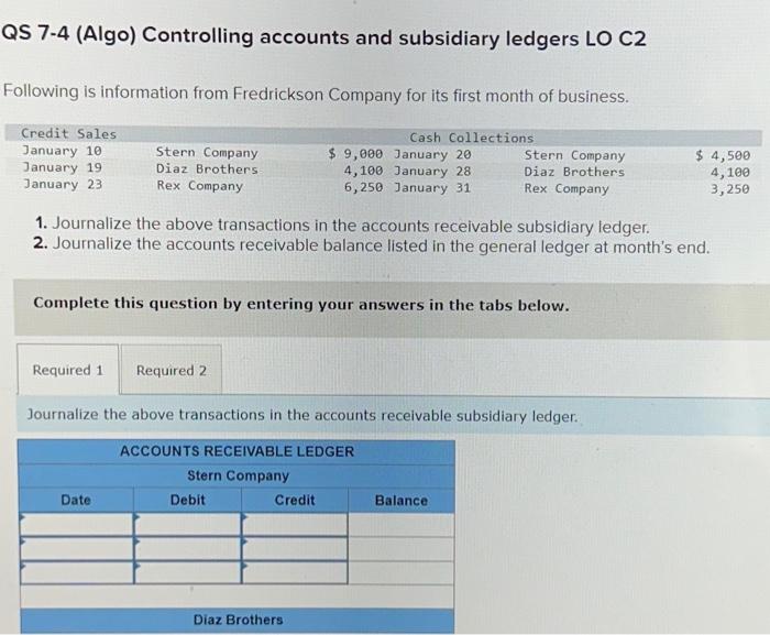 Solved QS 7-4 (Algo) Controlling accounts and subsidiary | Chegg.com