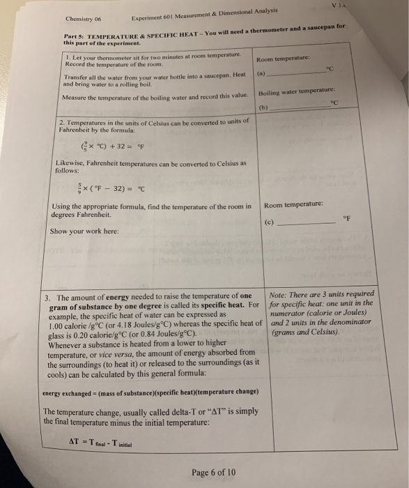 Solved VIA Chemistry 06 Experiment 601 Measurement & | Chegg.com
