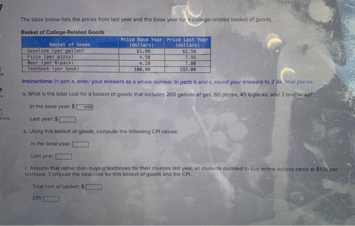 Solved The table below lists the prices from last year and | Chegg.com