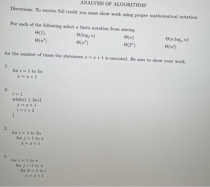 Solved ANALYSIS OF ALGORITHMS Directions: To receive full | Chegg.com