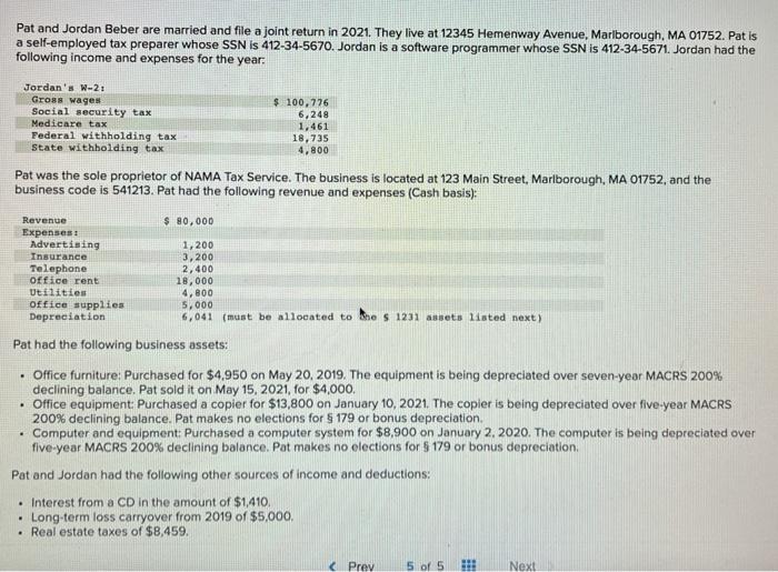 Solved Pat and Jordan Beber are married and file a joint | Chegg.com