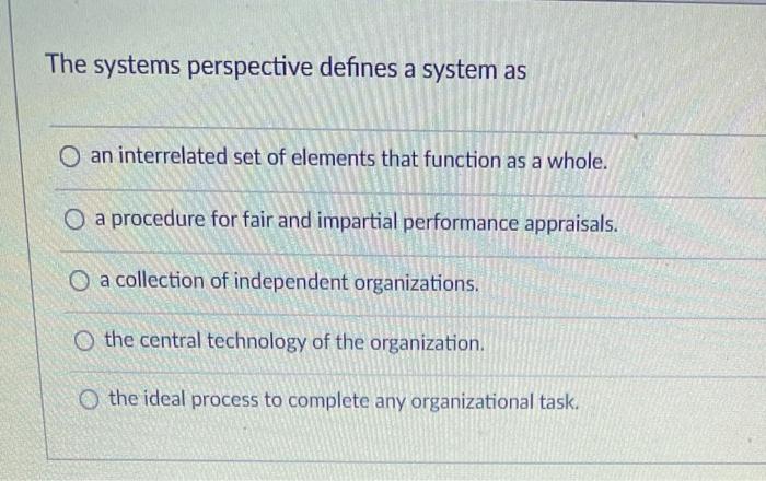 Solved The systems perspective defines a system as an | Chegg.com