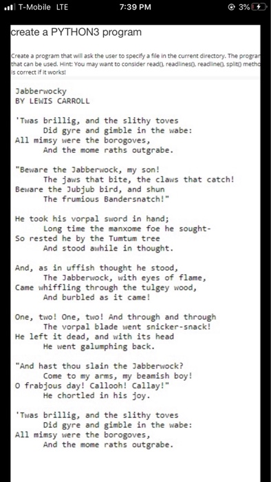 Solved 1 T-Mobile LTE 7:39 PM 3% create a PYTHON3 program | Chegg.com