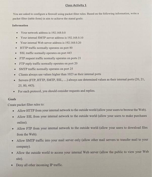 Solved Class Activity 1 You are asked to configure a | Chegg.com