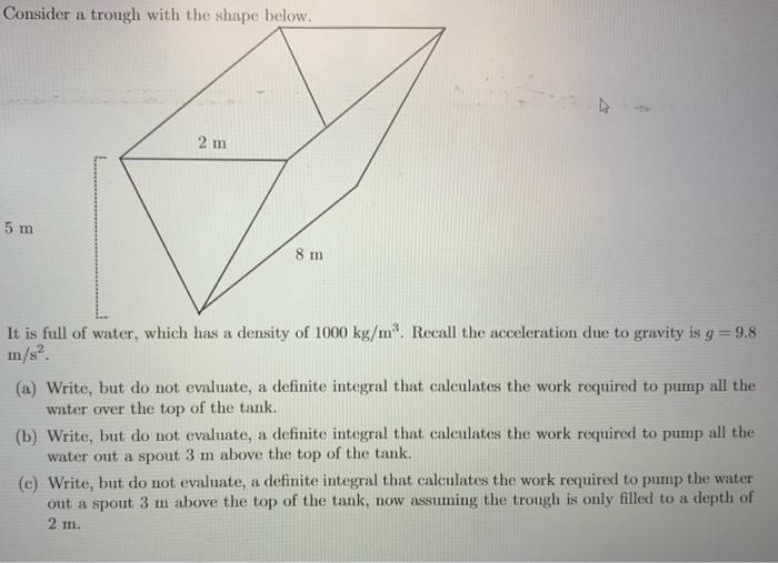 Solved Consider a trough with the shape below. It is full of | Chegg.com