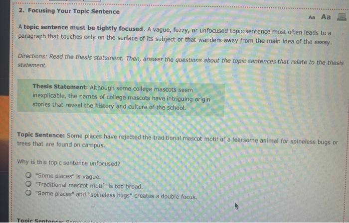 Solved 2. Focusing Your Topic Sentence Aa Aa A topic | Chegg.com