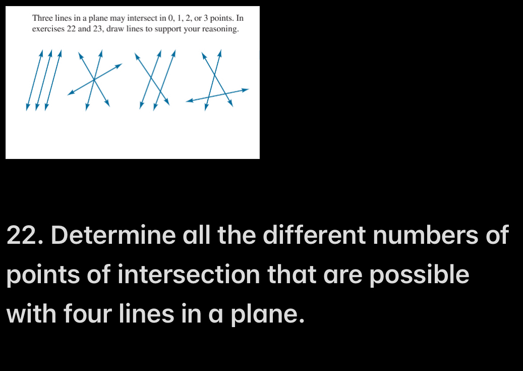 Solved Three lines in a plane may intersect in 0,1,2, ﻿or 3 | Chegg.com