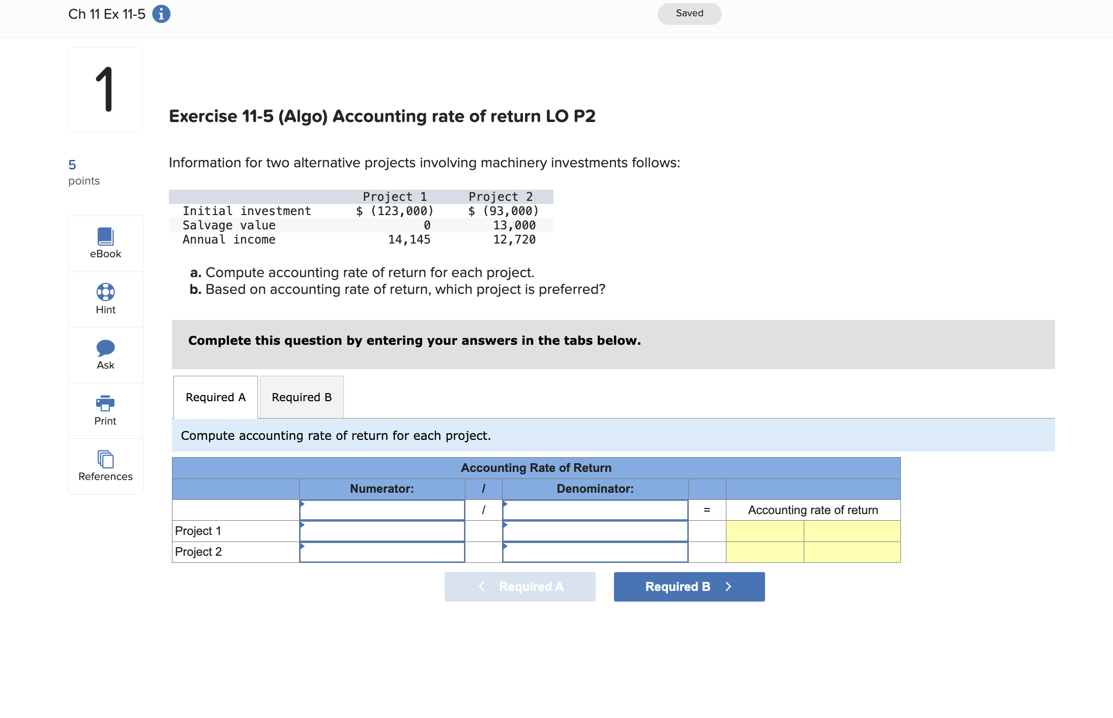 Solved Exercise 11-5 (Algo) ﻿Accounting rate of return LO | Chegg.com