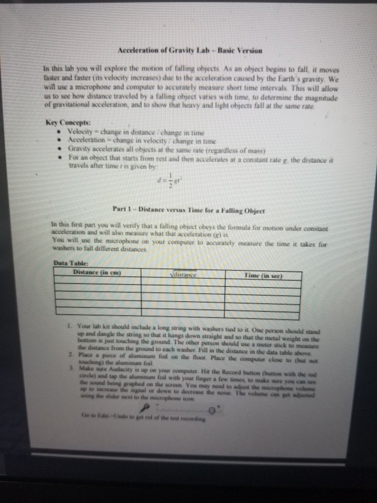 Acceleration of Gravity Lab - Basic Version In this | Chegg.com