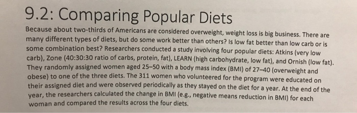 Solved 9.2: Comparing Popular Diets Because about two-thirds | Chegg.com