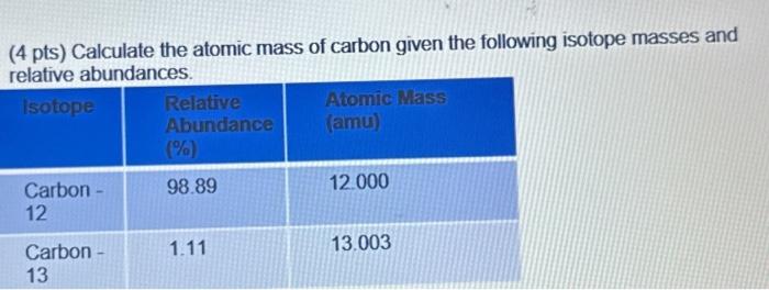 Solved (4 pts) Calculate the atomic mass of carbon given the | Chegg.com